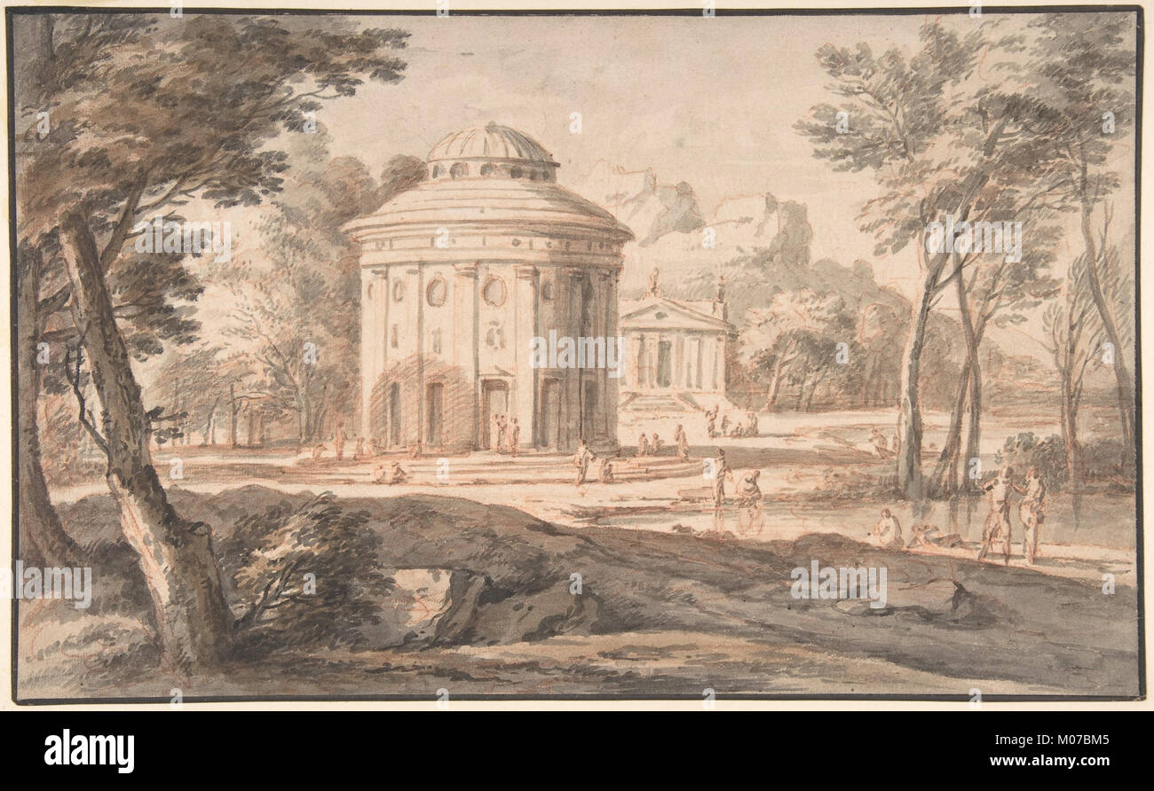 This landscape painting features two classical temples, accompanied by ...