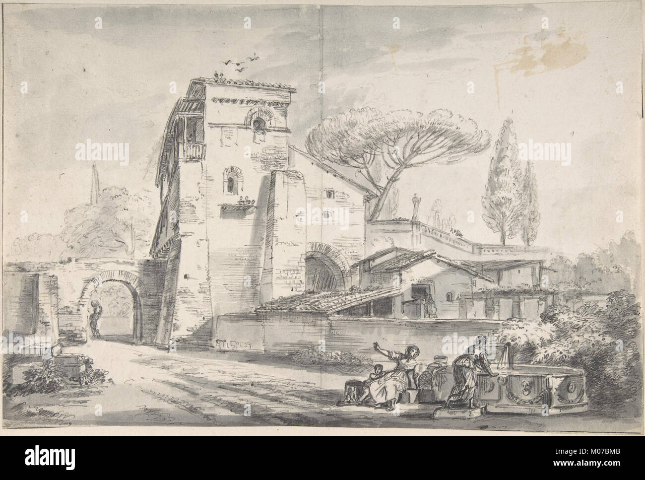 This painting depicts a scenic Italian country house beside a road ...
