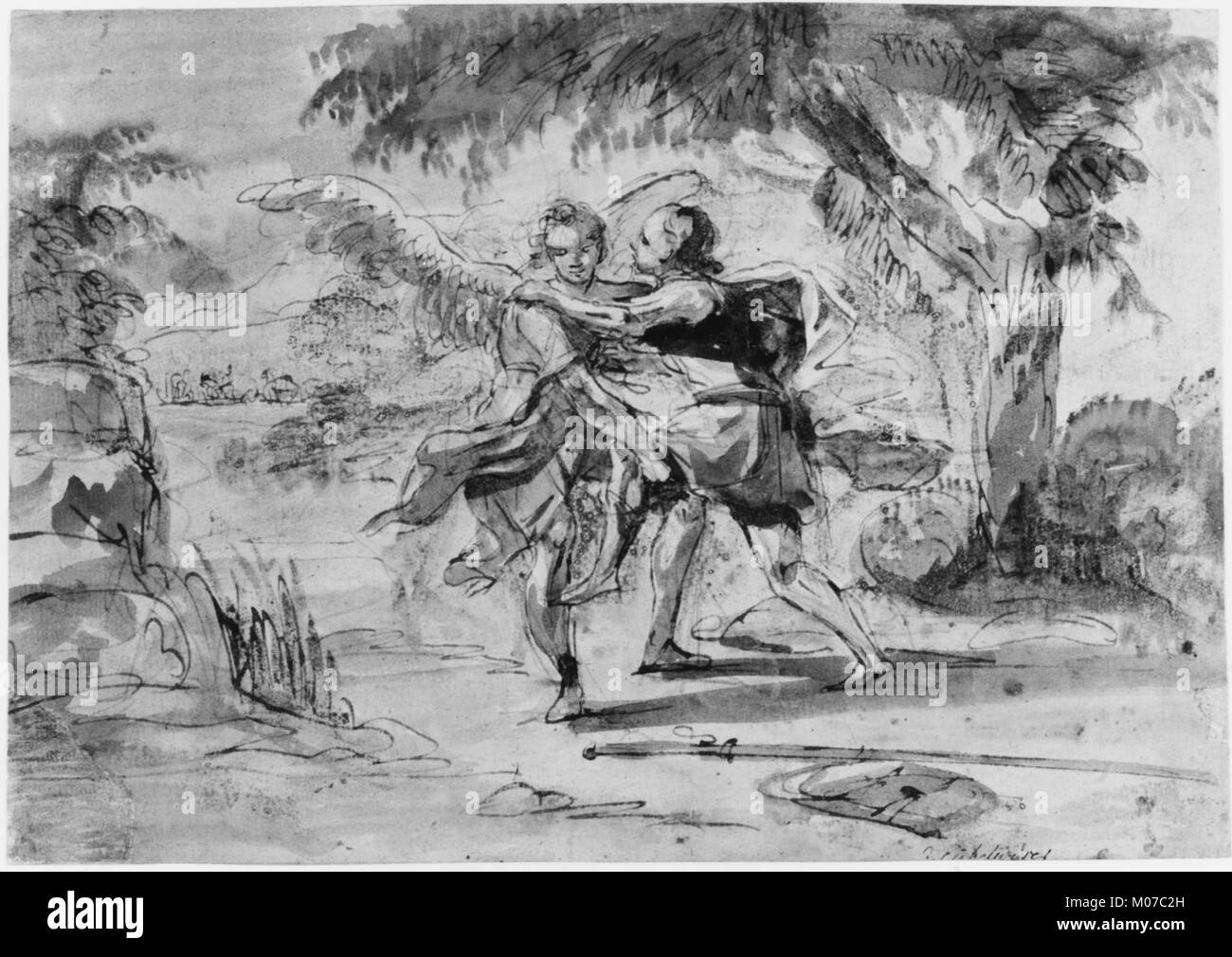 This artwork depicts the biblical scene of Jacob wrestling with the ...