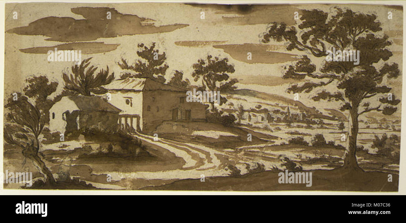 This drawing shows a landscape with buildings and a distant town on the ...