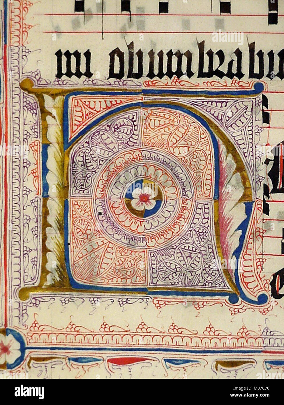 This manuscript leaf features an ornate initial 'H', part of an ...