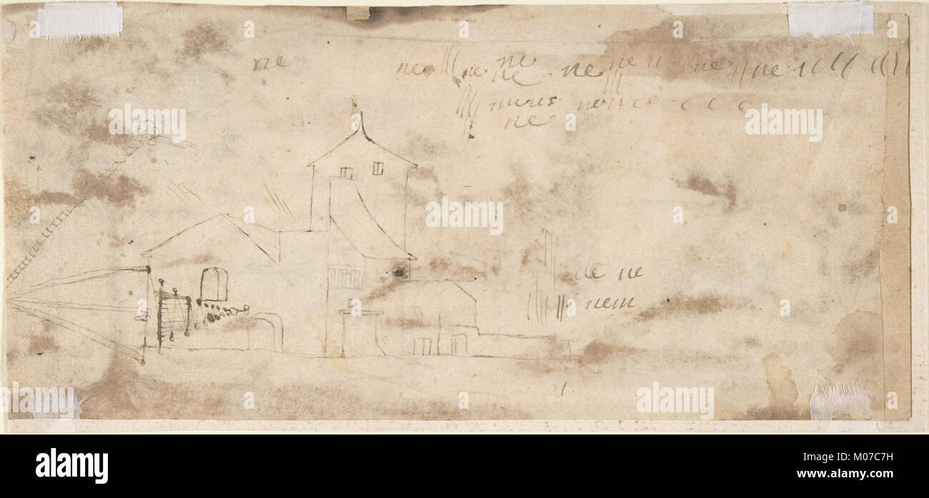 A two-sided artwork featuring a landscape with distant buildings and a ...