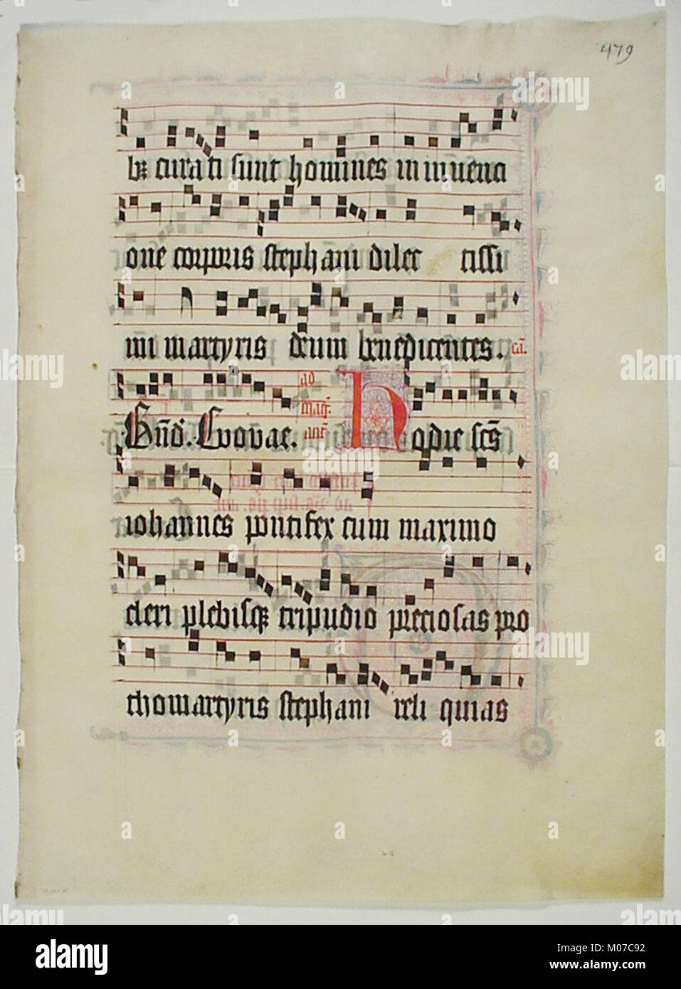 This manuscript leaf features an initial 'G' from an antiphonary, a ...