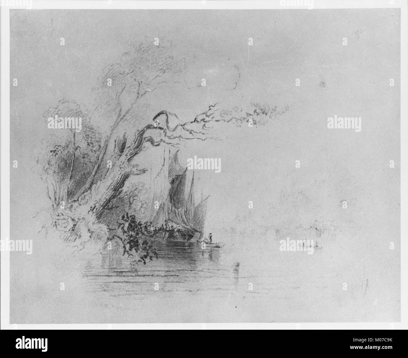 This landscape painting depicts boats on calm waters, emphasizing ...