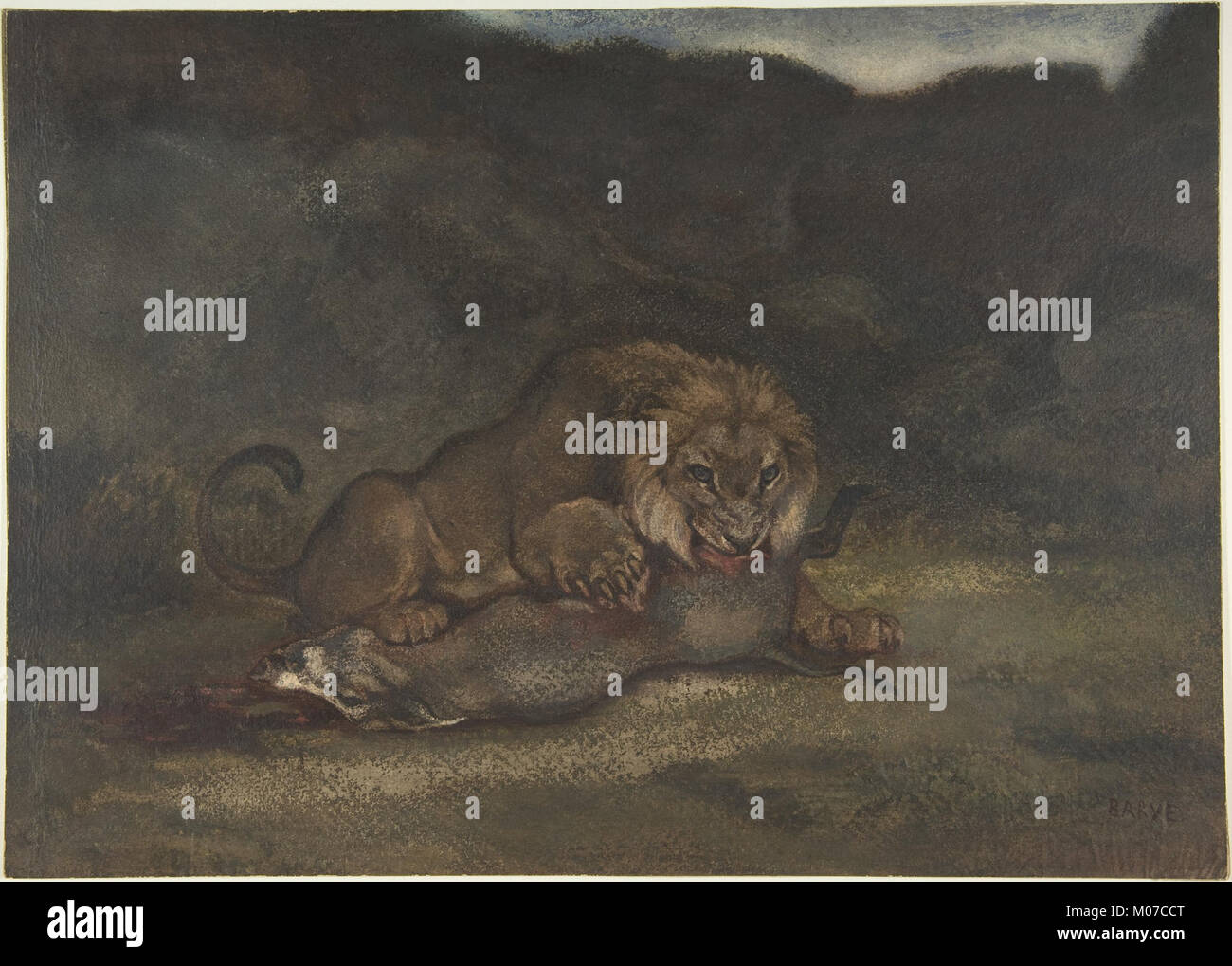 This artwork portrays a lion devouring its prey, highlighting the ...