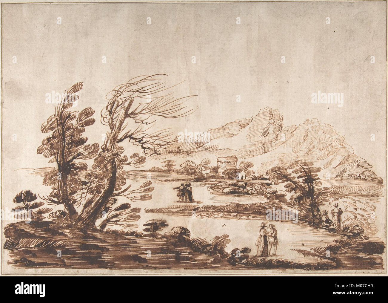 This landscape painting features six figures, capturing a scene filled ...