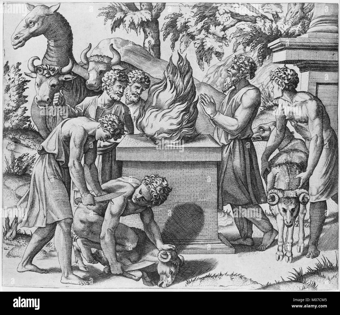 This artwork depicts Noah's sacrifice, showing Noah praying at a fire ...