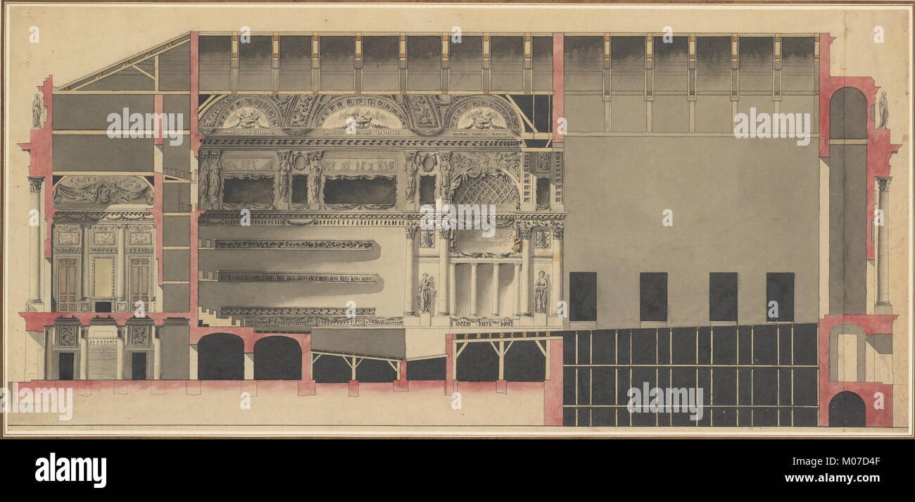 This drawing illustrates the longitudinal section of a theatre, showing ...