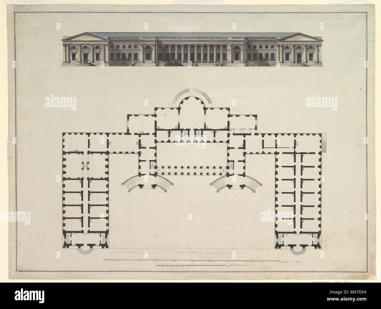 This architectural drawing depicts the north elevation and ground plan ...