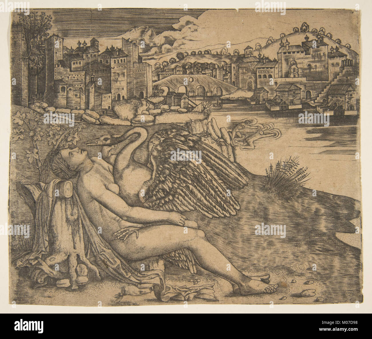 This artwork depicts the mythological scene of Leda and the Swan, where the goddess Leda ...