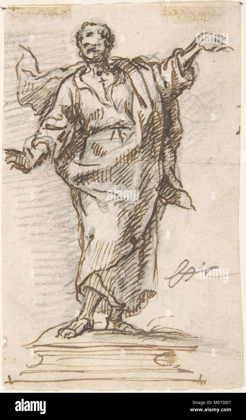 This artwork features a male saint depicted standing on a pedestal with ...