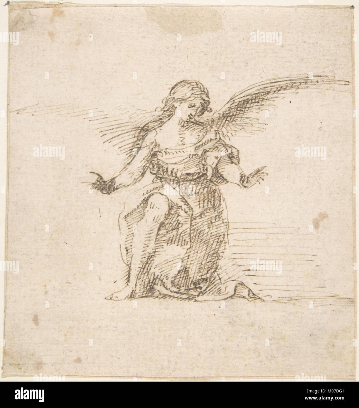 This sculpture, depicting a kneeling angel with hands outstretched, is ...