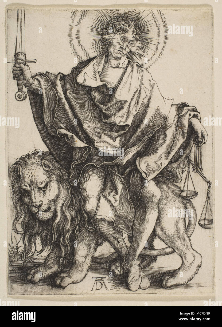 This representation of Justice features a figure holding scales ...