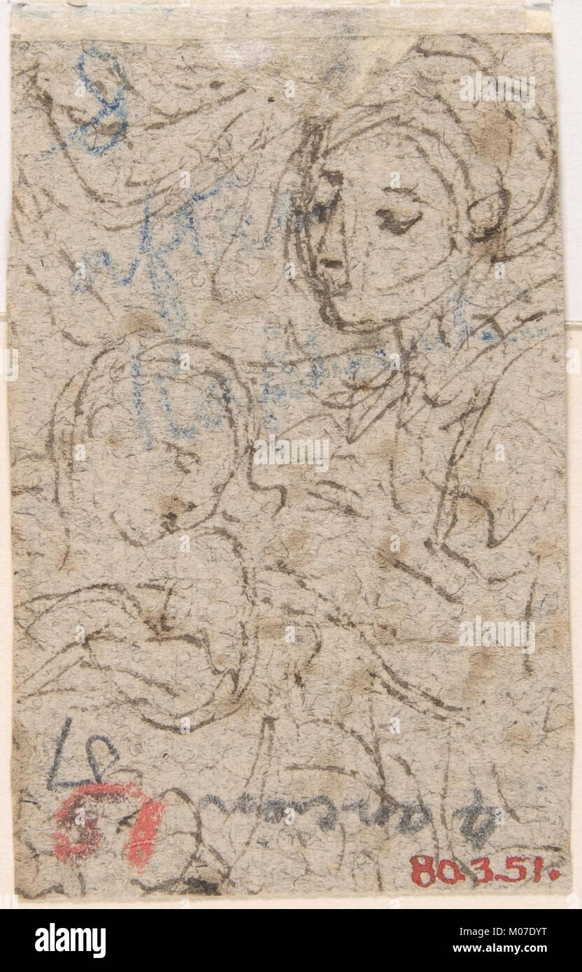 This artwork depicts the Madonna and Child on both sides, capturing serene and reverent figures ...
