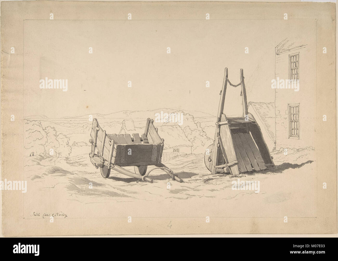 This study depicts two traditional Irish carts set against a rural ...