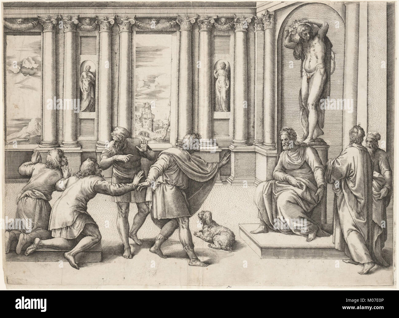 This artwork depicts a man seated beneath a statue of Bacchus, the ...