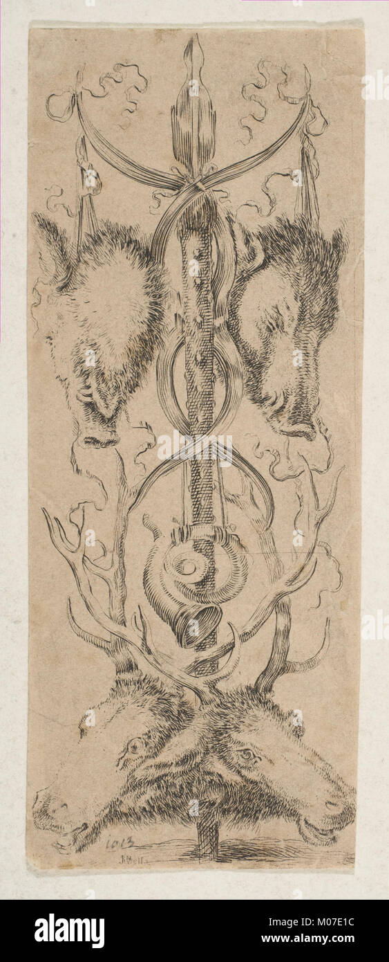This hunting trophy displays mounted stag heads, representing ...