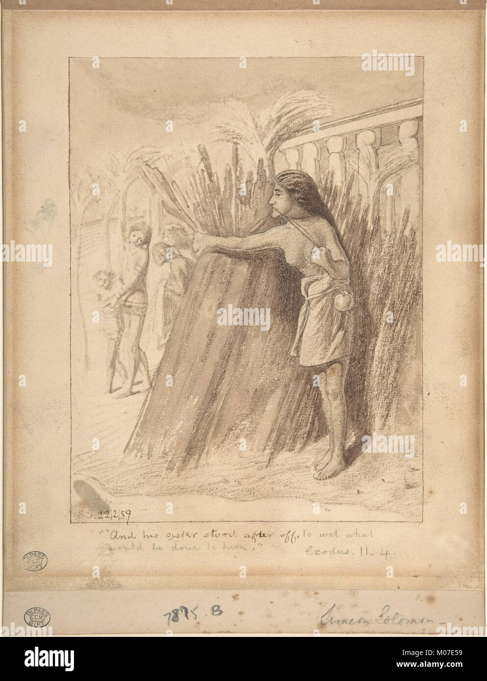 This artwork portrays the biblical scene of Miriam watching the finding ...