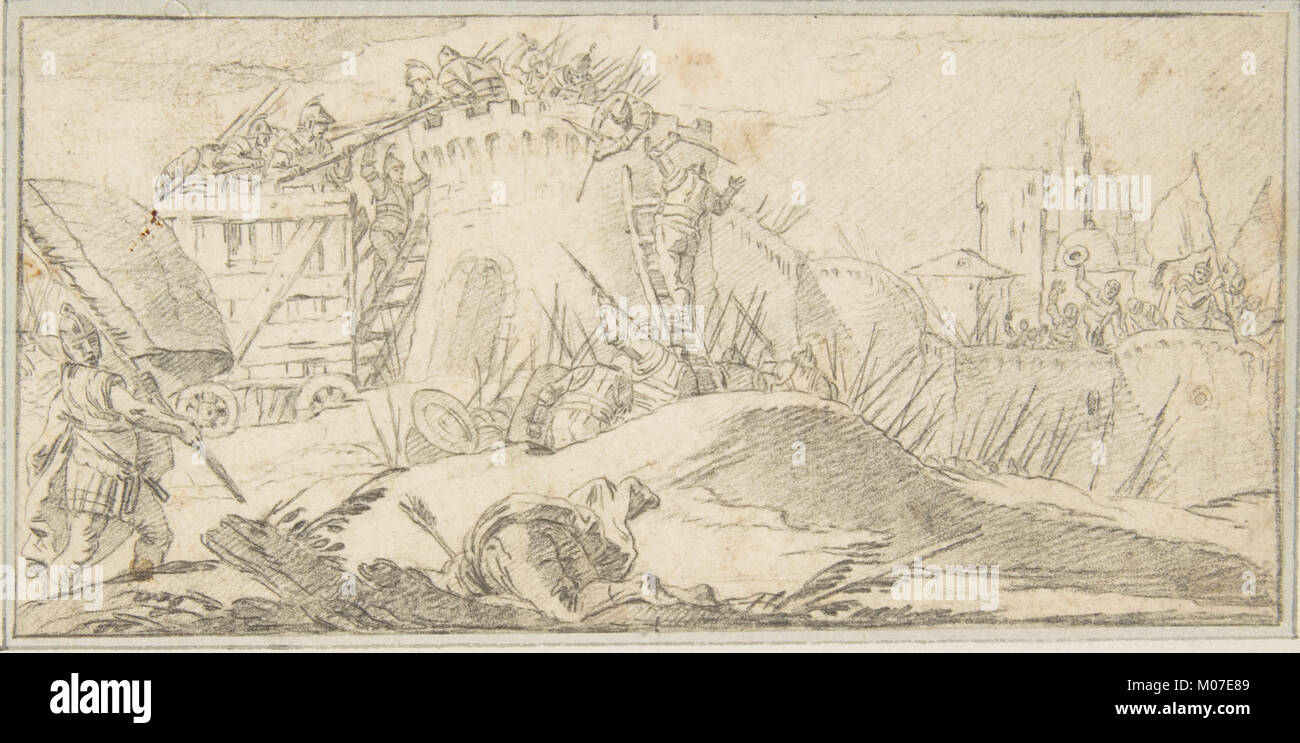 This illustration depicts a dramatic scene of an assault on the walls ...