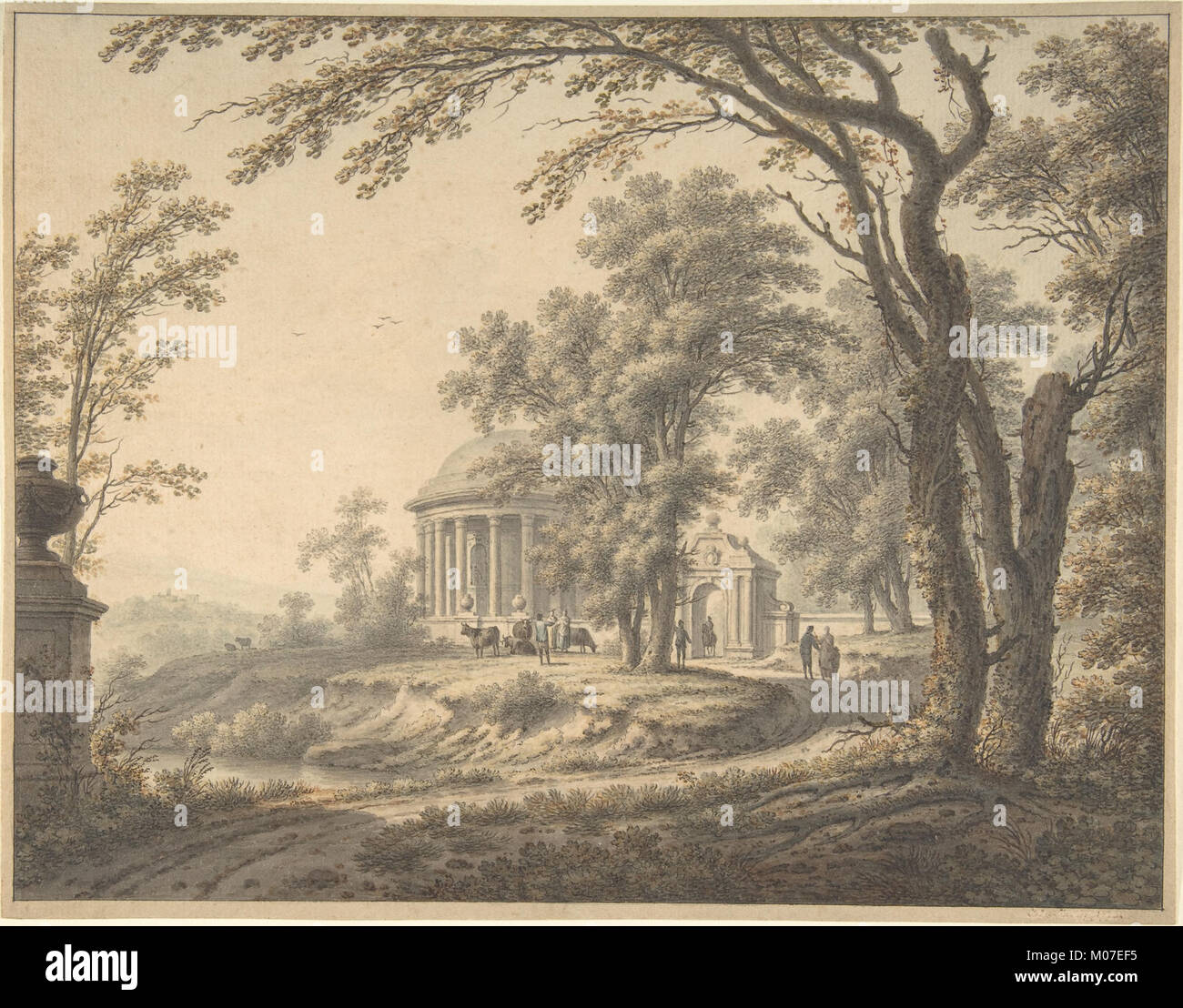 This painting, titled 'Idyllic Landscape with Temple,' captures a ...