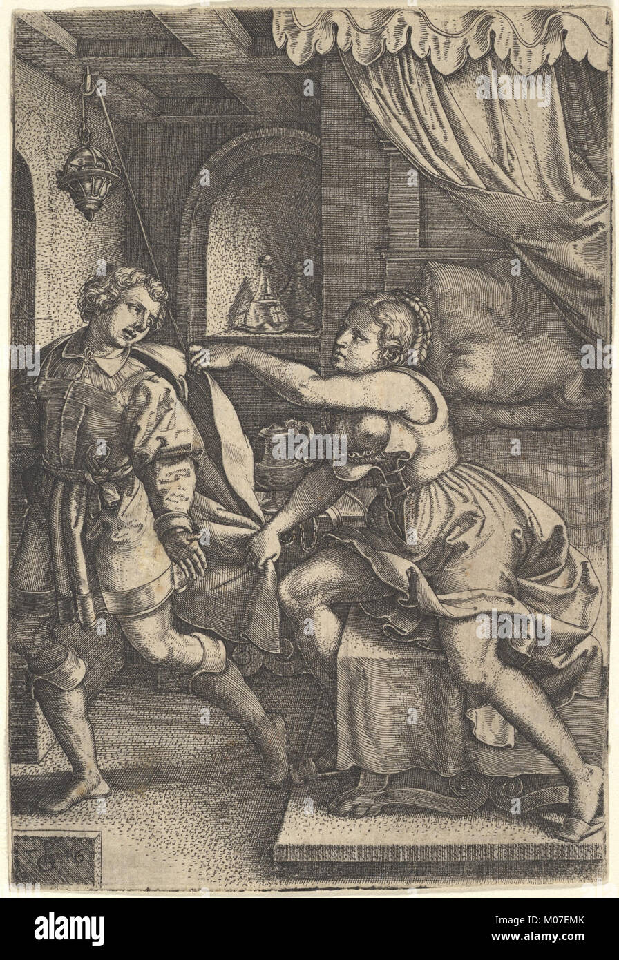 A depiction of Joseph fleeing from Potiphar's wife, who grasps his ...
