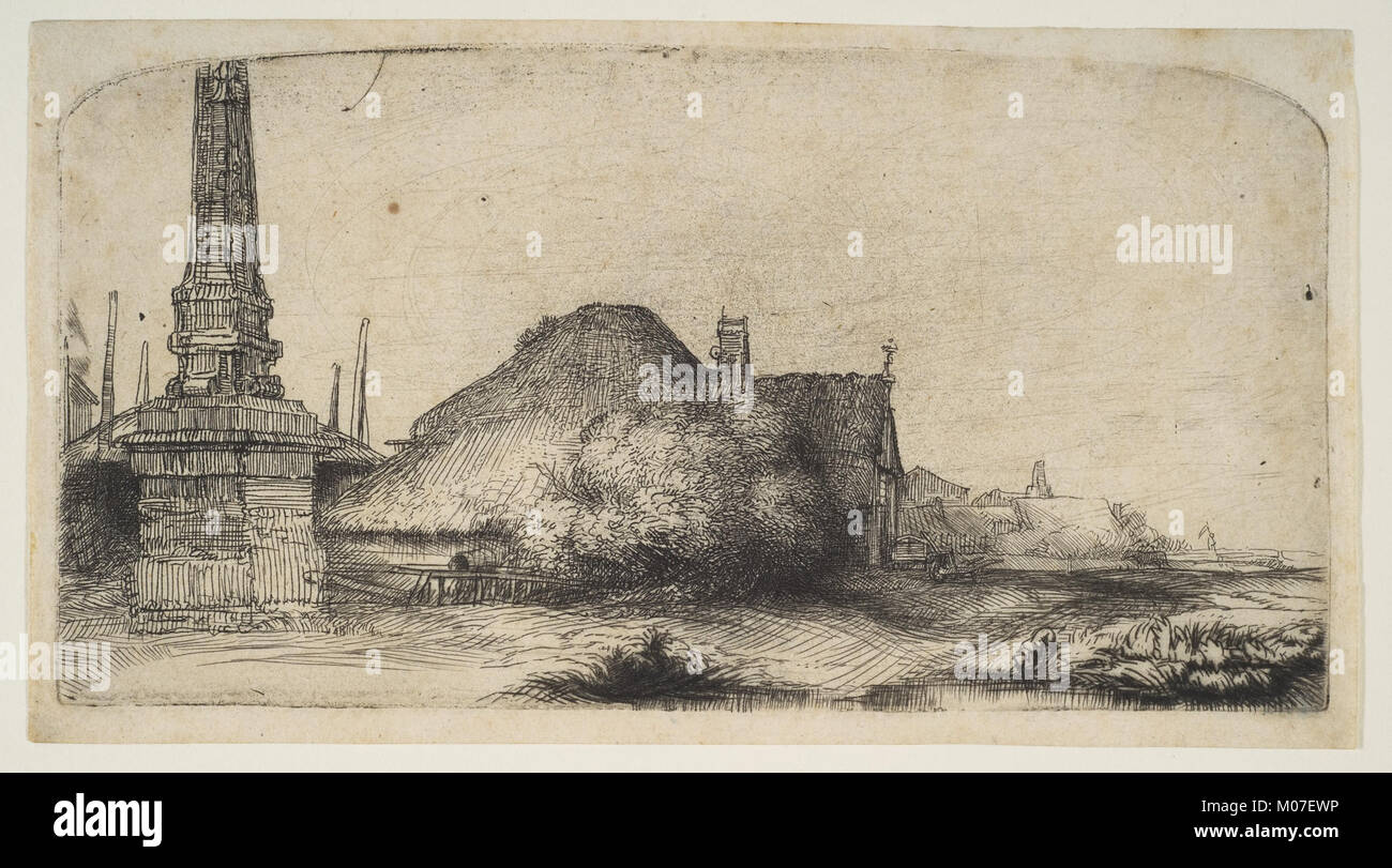 A landscape painting featuring an obelisk, combining architectural and ...