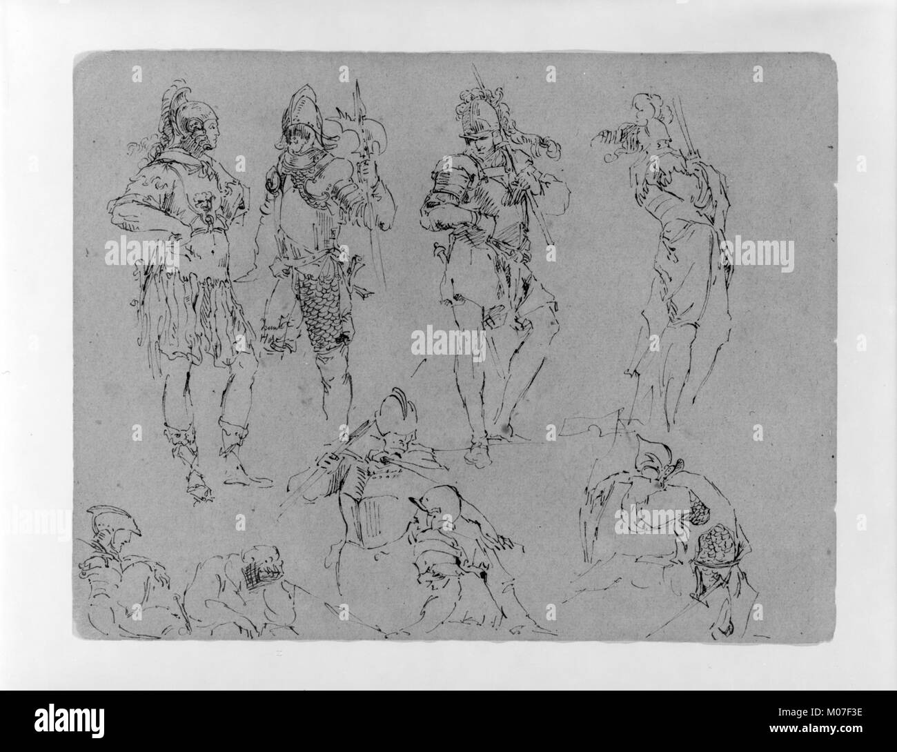 The sketch shows nine military figures, illustrating period attire ...