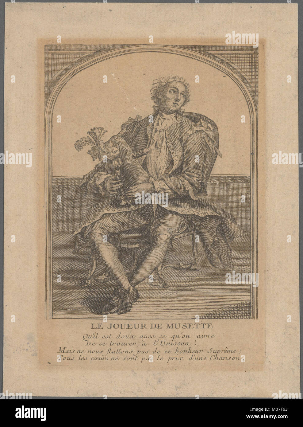 This painting portrays a man playing the musette, a small bagpipe-like ...