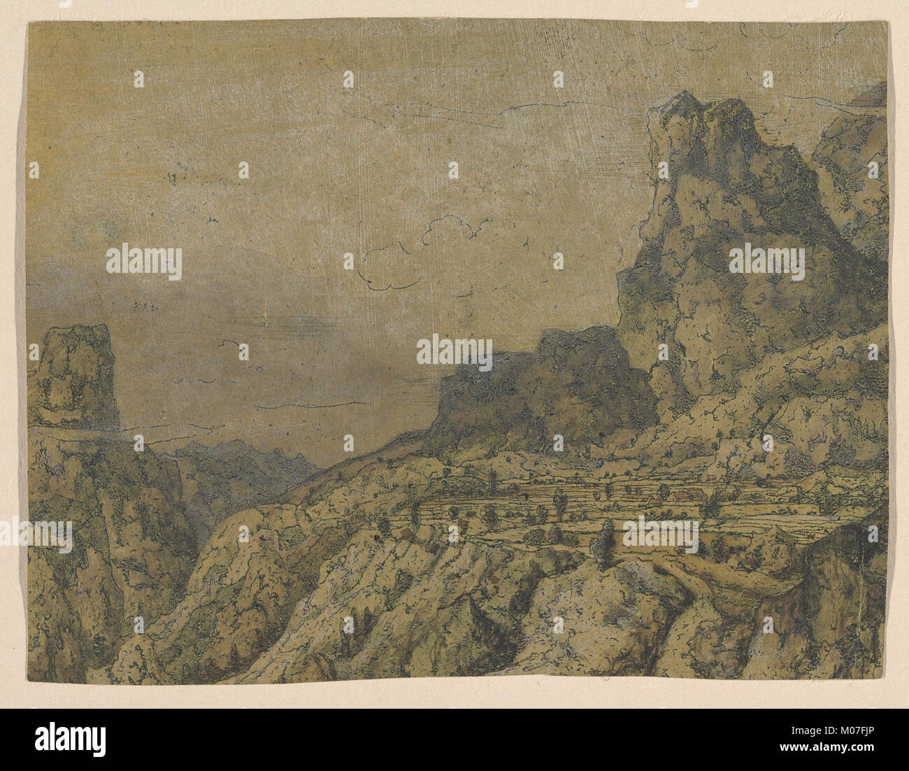 A landscape painting depicting a mountain valley with a plateau ...