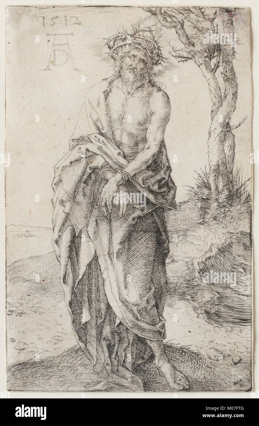 This artwork depicts the Man of Sorrows, a religious figure shown with ...