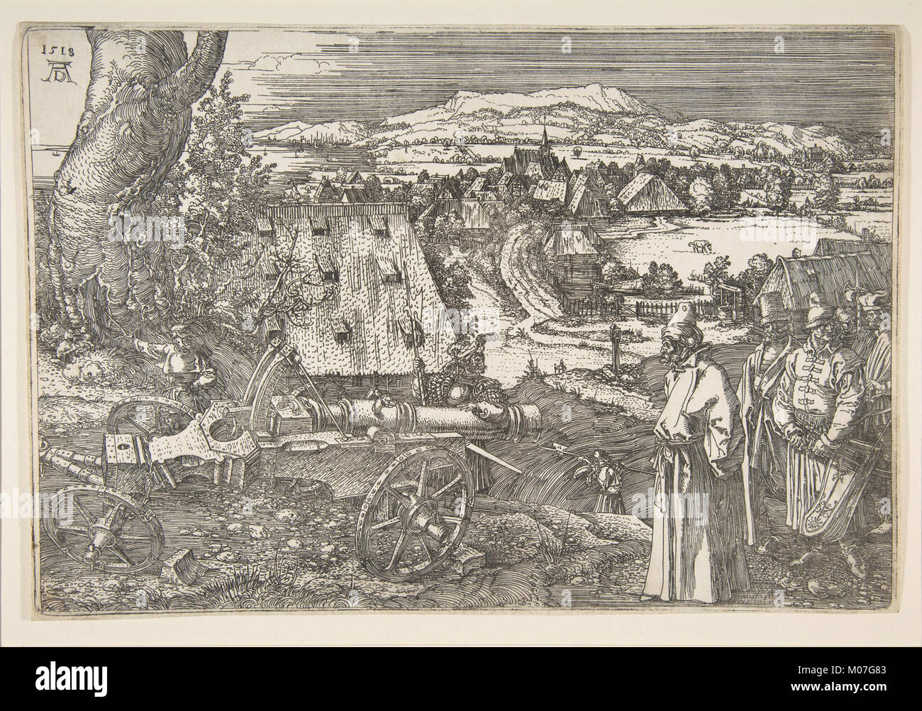 This landscape painting features a large cannon, a symbol of military ...