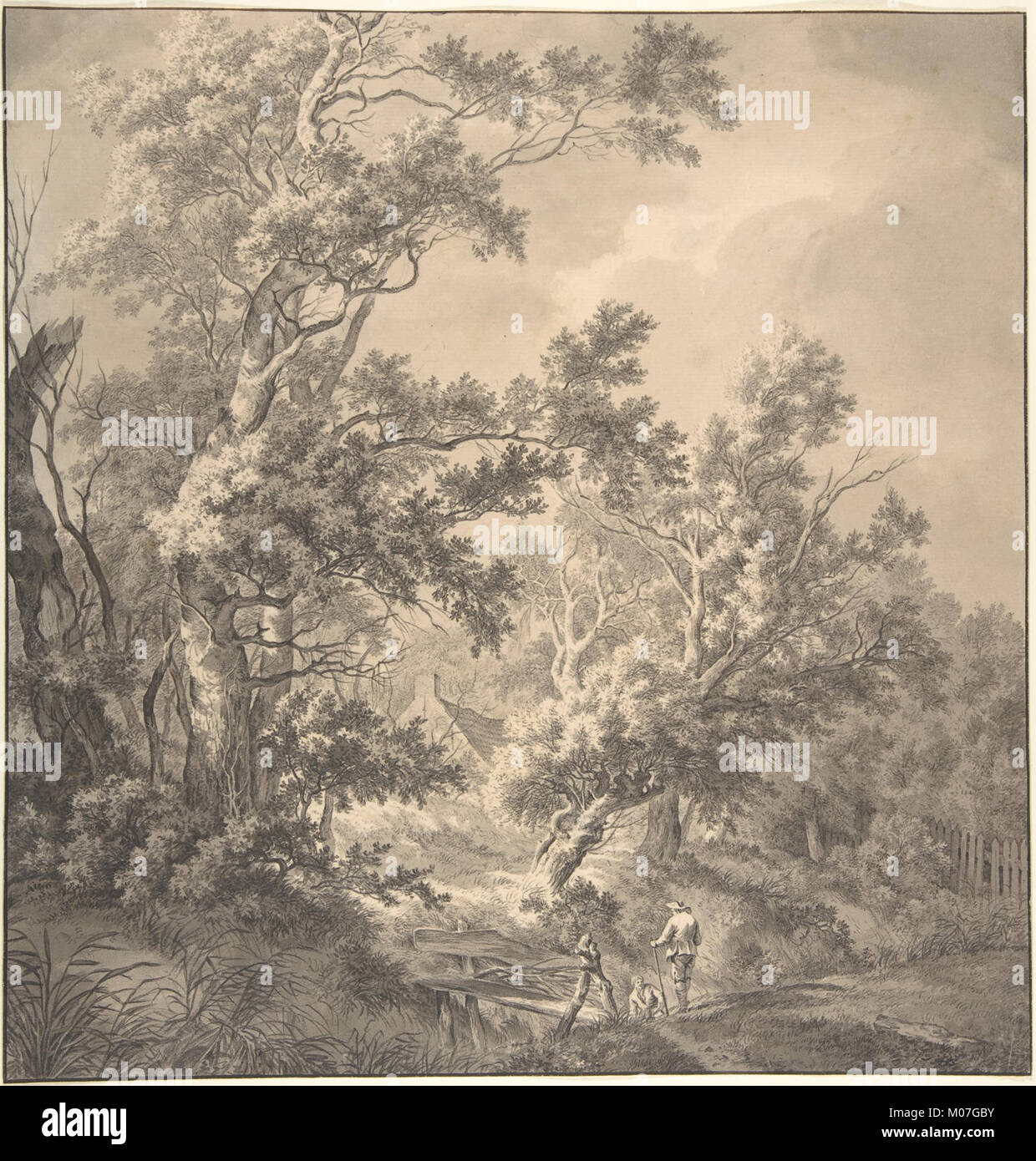 This landscape painting features a house partially concealed among ...