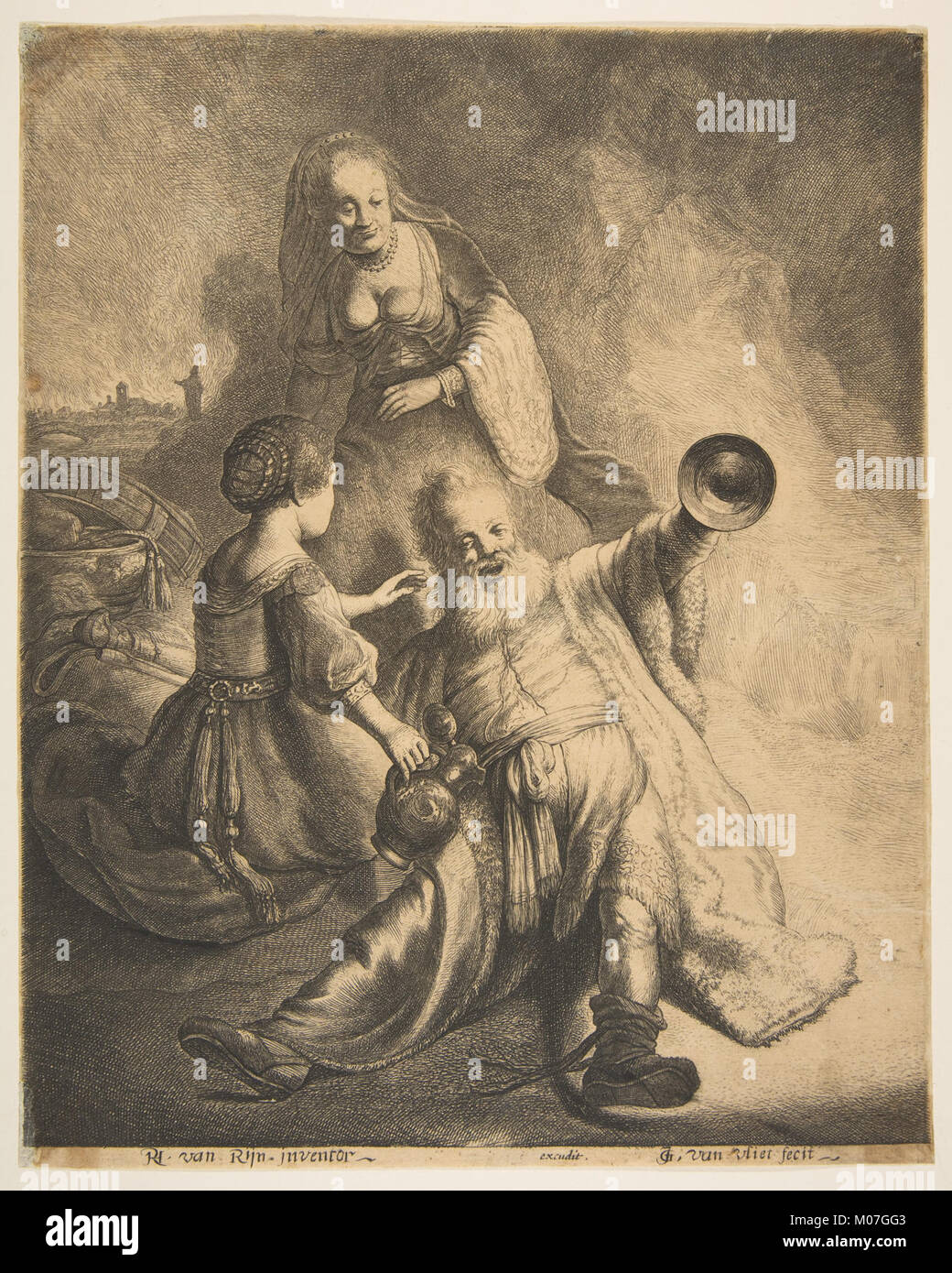 This artwork depicts the biblical story of Lot and his daughters ...