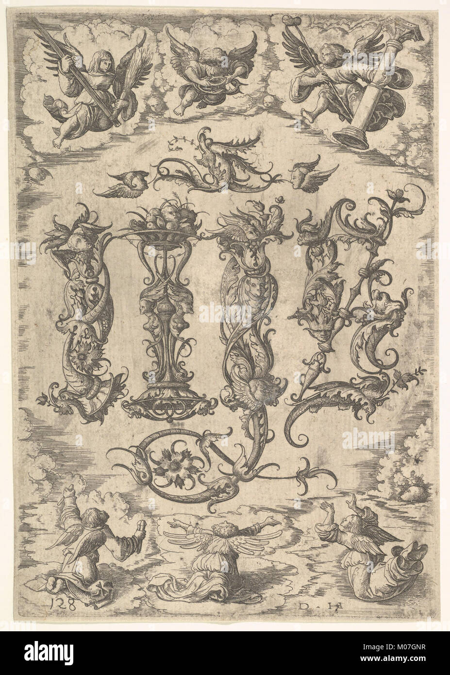 The IHS monogram, symbolizing the name of Jesus, is surrounded by six ...