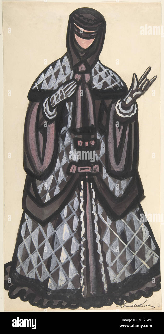 This artwork depicts a woman wearing a mask, representing identity ...