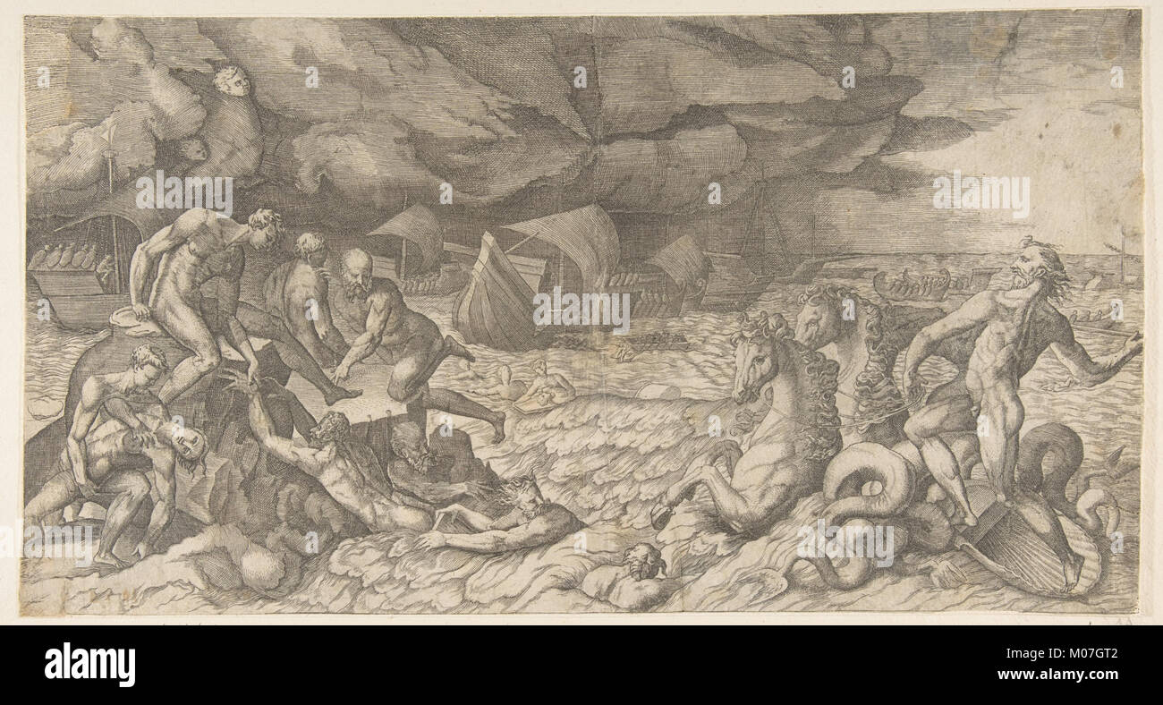 The artwork depicts Neptune intervening in a violent storm sent by ...