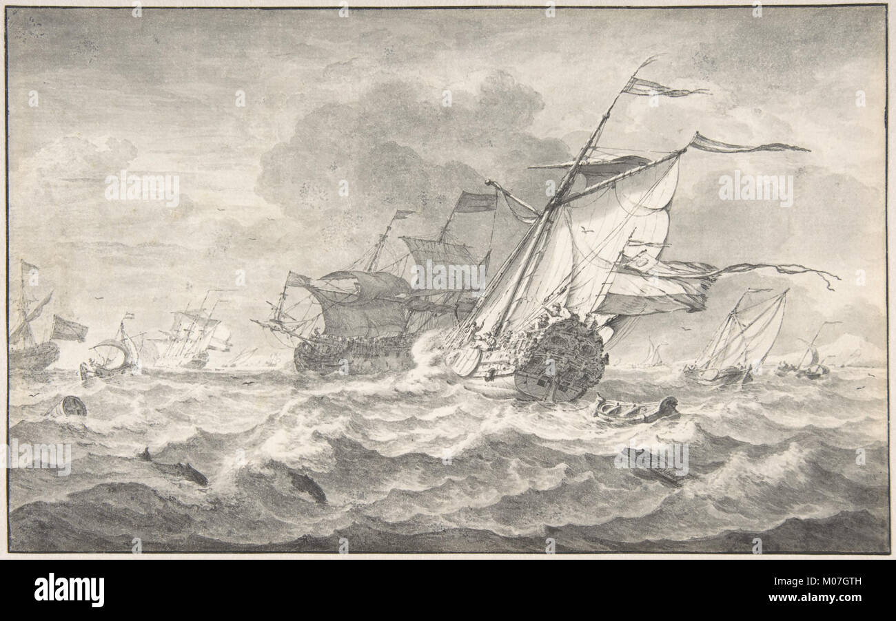 This maritime painting shows merchant ships and smaller boats ...
