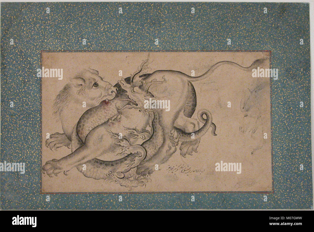 This artwork depicts a dramatic battle between a lion and a dragon ...