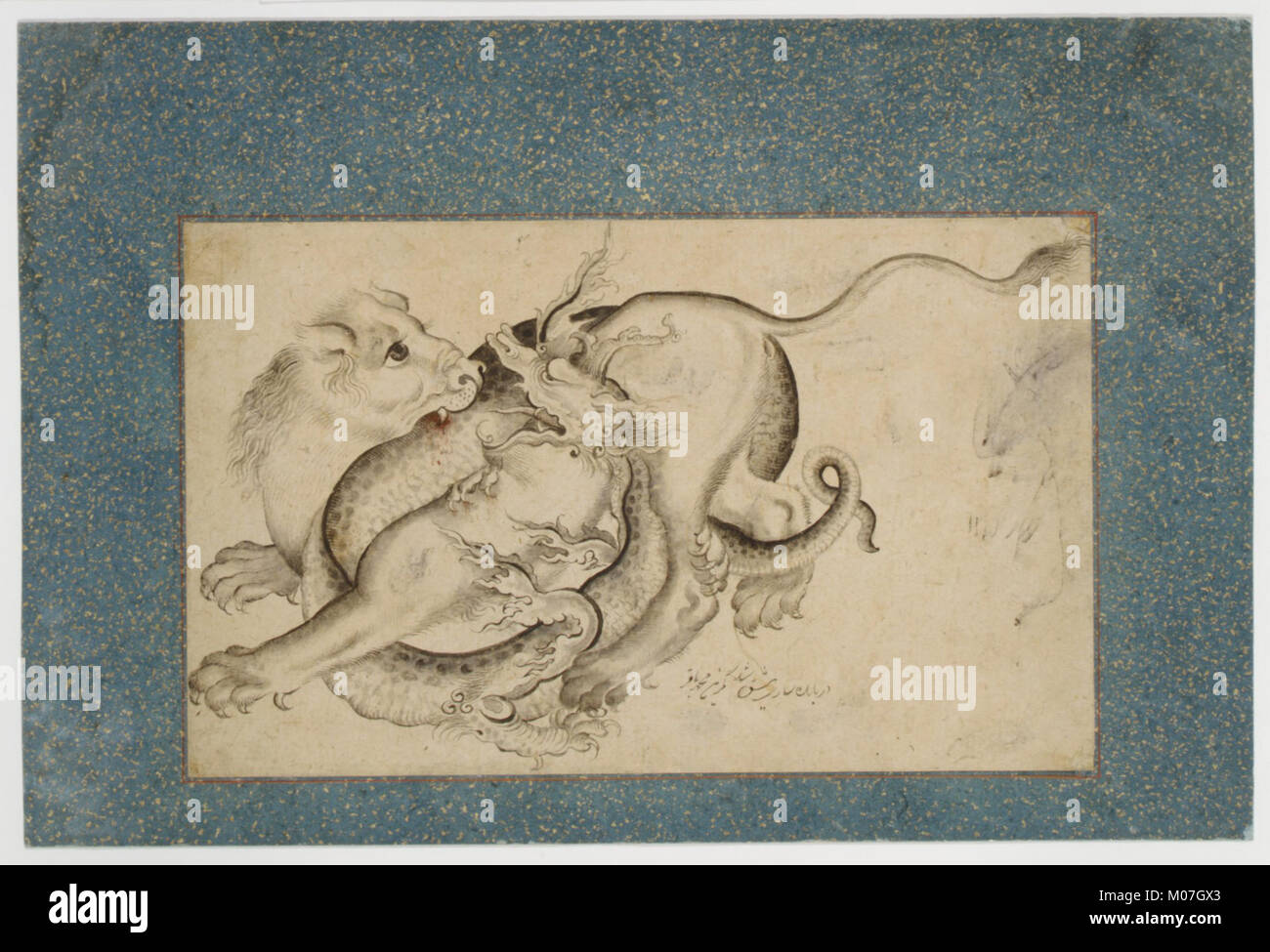 This artwork depicts a dramatic scene of a lion and dragon in combat ...