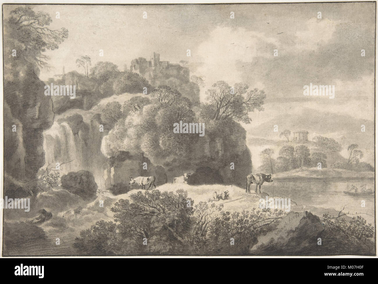 A pastoral landscape featuring a shepherd with cows, depicting the ...