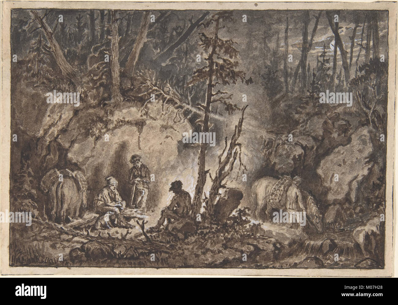 This artwork depicts hunters resting at night in a forest, highlighting ...