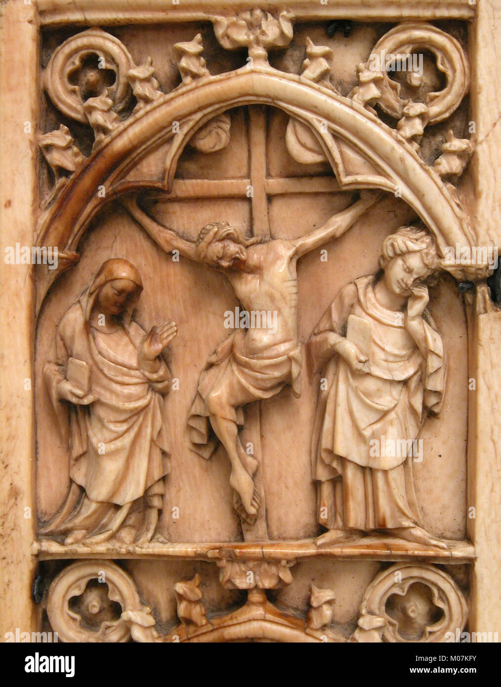 This leaf from a diptych features two biblical scenes: the Crucifixion ...