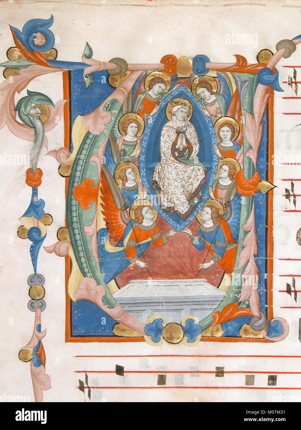This manuscript leaf illustrates the Assumption of the Virgin, framed ...
