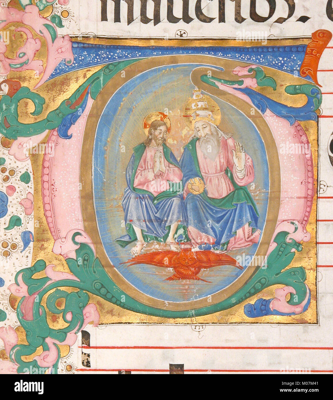 This manuscript leaf depicts the Holy Trinity within an initial T, part ...