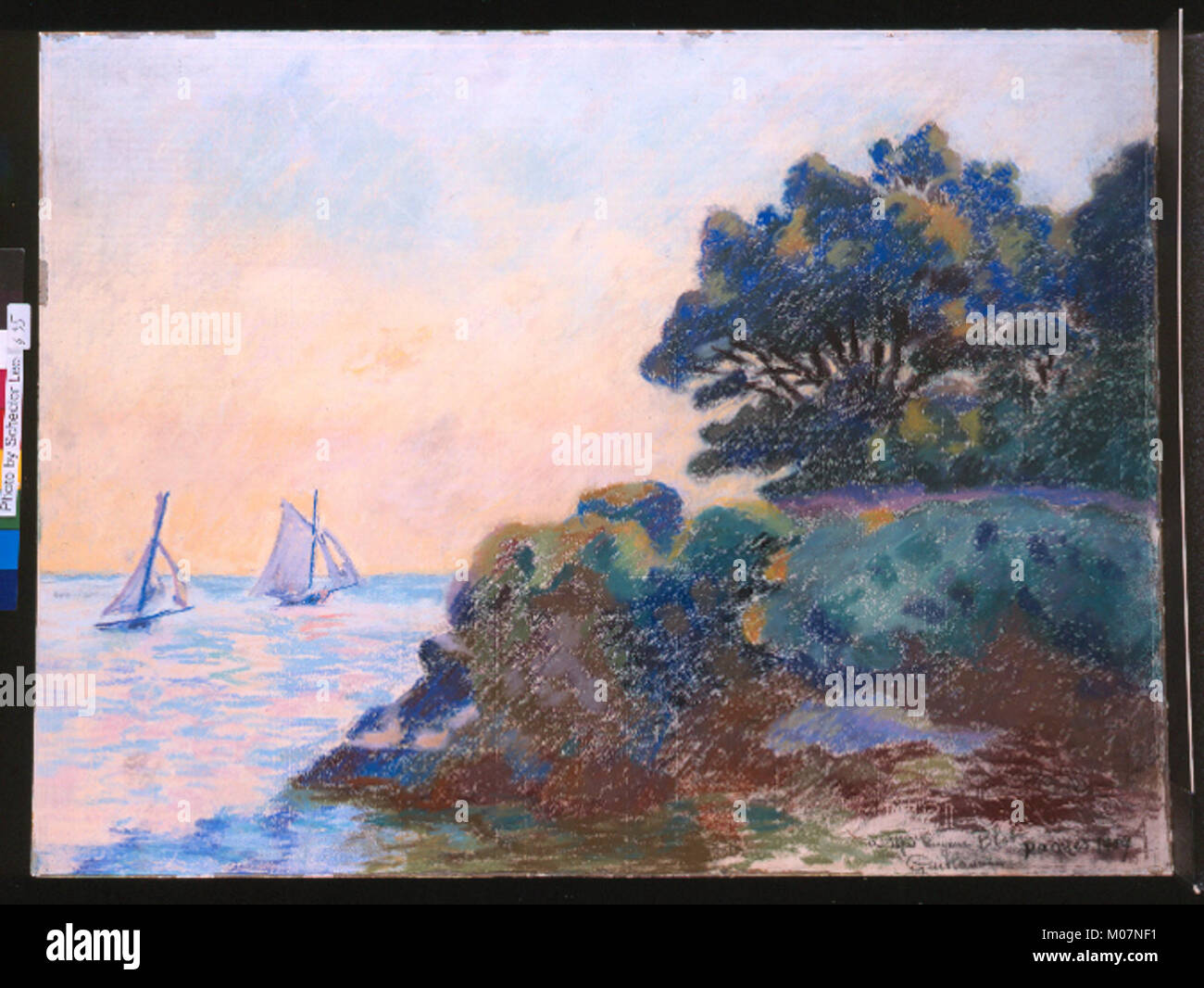 This landscape depicts two sailing boats in a calm water setting ...