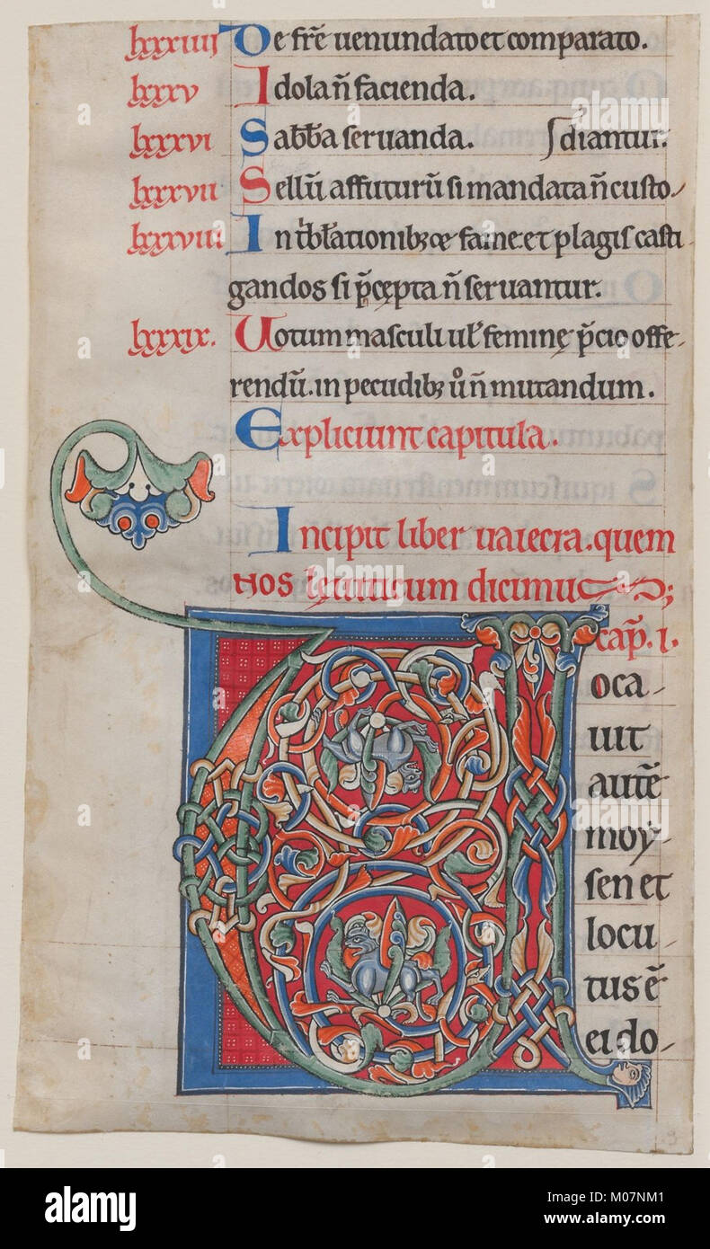 This manuscript illumination displays an ornate initial 'V' in a ...