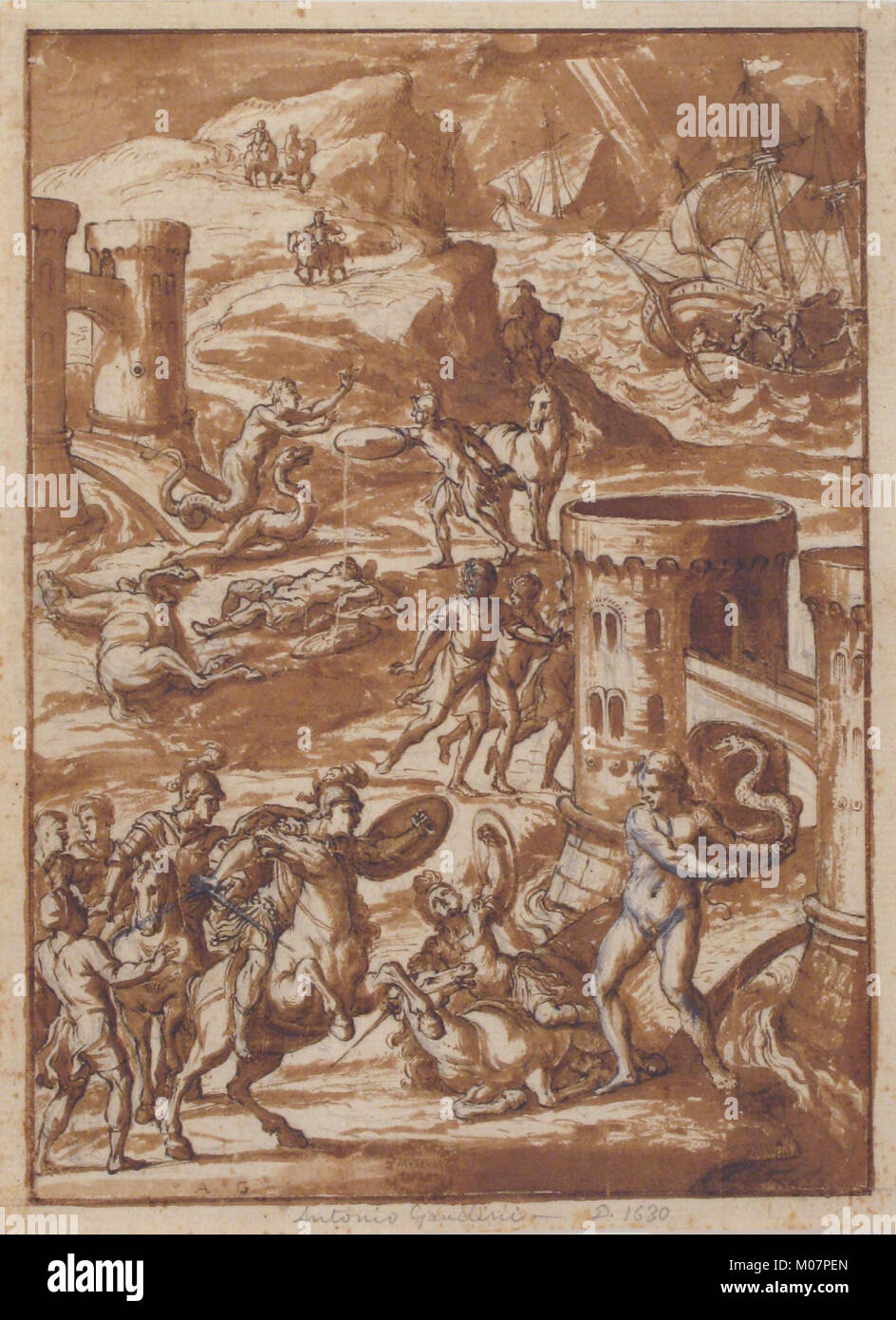 This artwork depicts a mythological scene with key figures ...