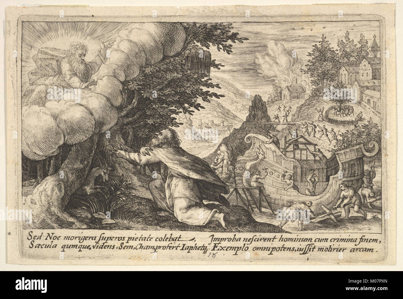 This engraving from the 'Liber Genesis' series depicts Noah kneeling ...