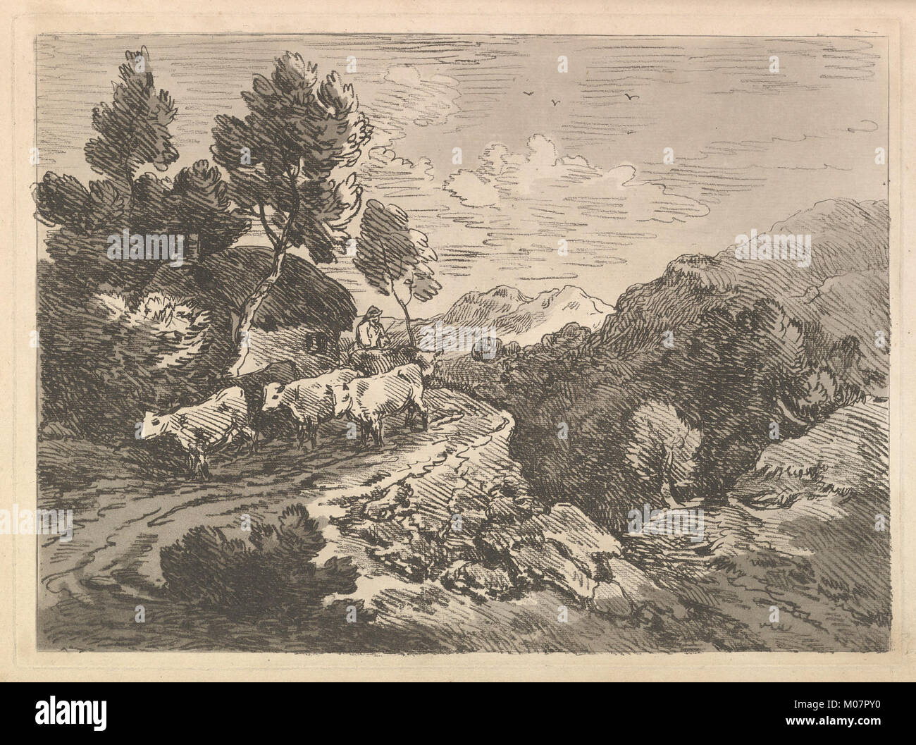 This landscape shows a rural scene with a figure herding cattle on a ...