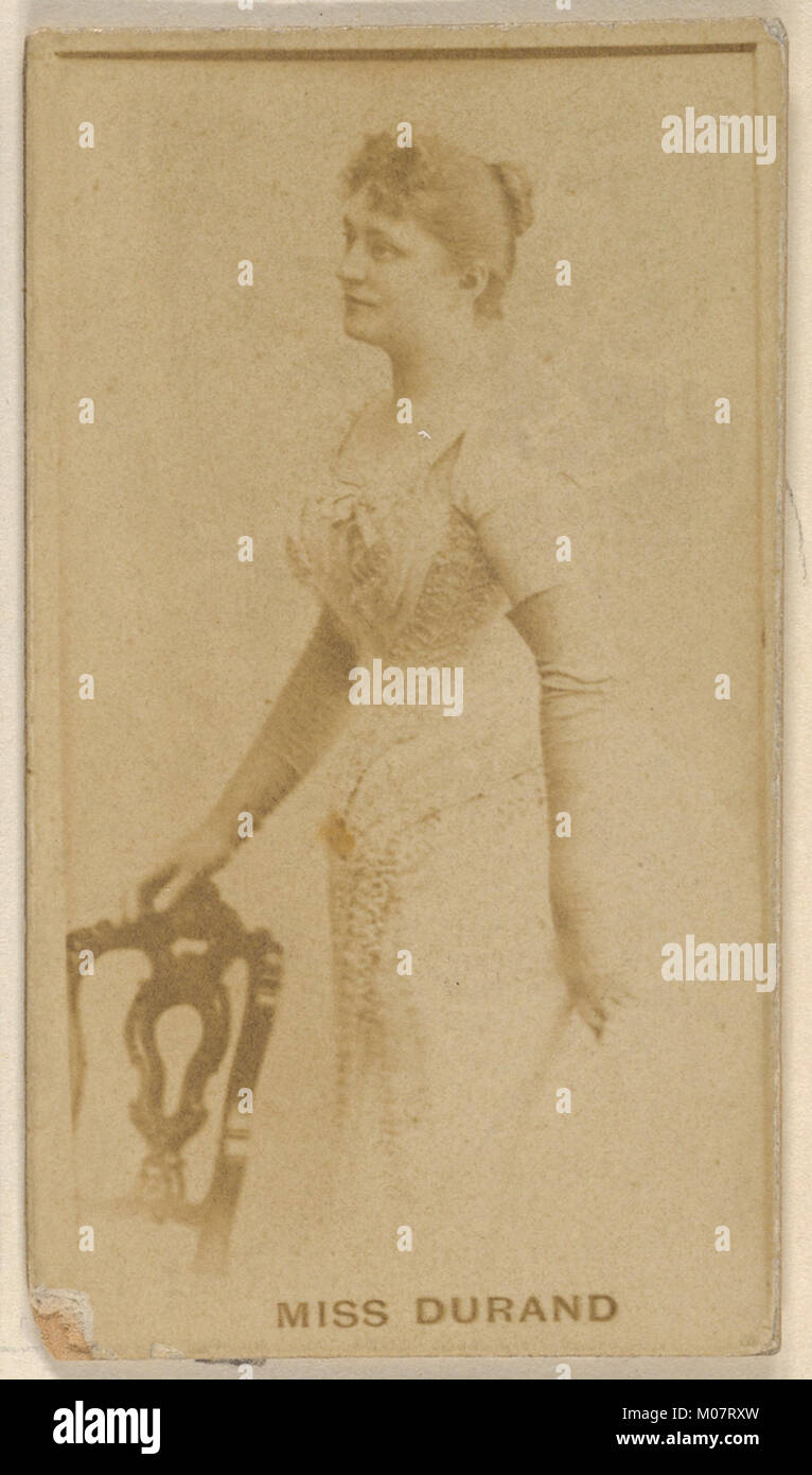 A cigarette card featuring Miss Durand from the Actors and Actresses ...